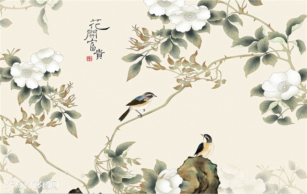 中式花开富贵喜鹊背景墙装饰图 中式背景墙 背景墙 装饰图库 移图网ypicw
